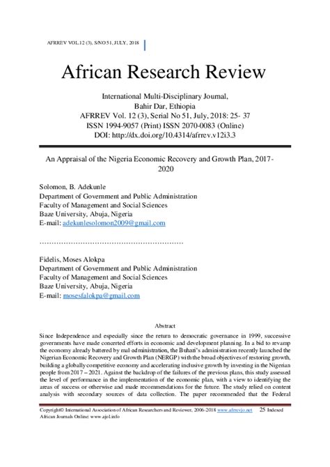 Doc An Appraisal Of The Nigeria Economic Recovery And Growth Plan
