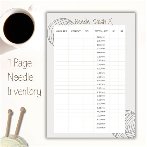 Knitting Needle Inventory Printable And Fillable Pdf Downloadable