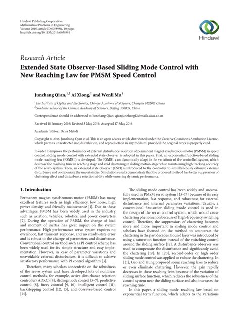 Pdf Extended State Observer Based Sliding Mode Control With New Reaching Law For Pmsm Speed
