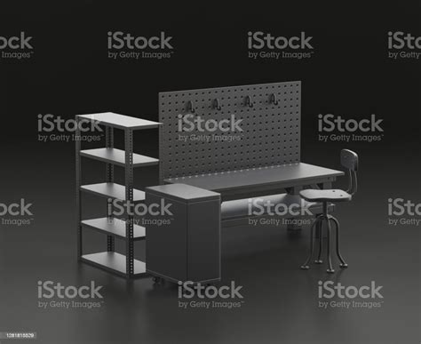 파란색 배경의 워크벤치 플랫 컬러 작업 공간 3d 렌더링이 있는 다크 그레이 단일 컬러 워크샵 Diy에 대한 스톡 사진 및 기타 이미지 Istock