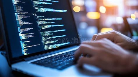 Hands Typing Laptop Keyboard Screen Displaying Code Stock Photos Free Royalty Free Stock