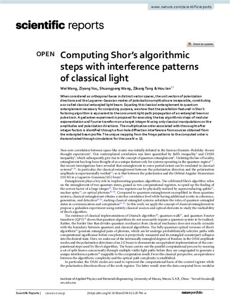 Pdf Computing Shors Algorithmic Steps With Interference Patterns Of Classical Light