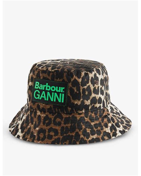 Barbour X Ganni Leopard Print Waxed Cotton Bucket Hat In Green Lyst UK