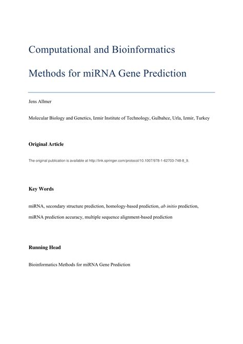 Pdf Computational And Bioinformatics Methods For Microrna Gene Prediction
