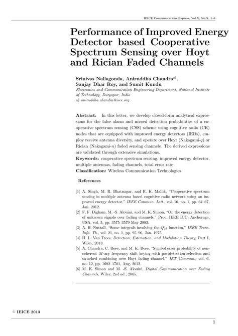 Pdf Performance Of Improved Energy Detector Based Cooperative Spectrum Sensing Over Hoyt And