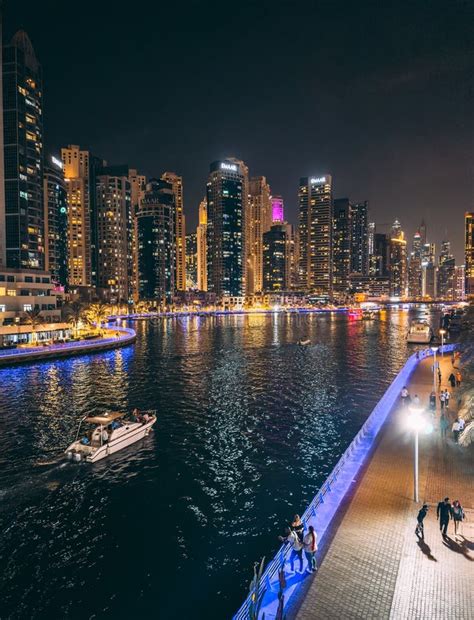 Dubai Marina Harbour Cruise Boat And Canal Promenade View At Night