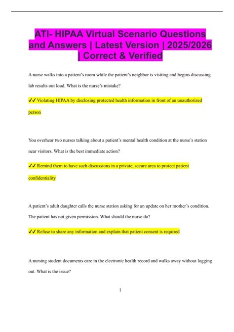 Ati Hipaa Virtual Scenario Questions And Answers Latest Version 2025 2026 Correct