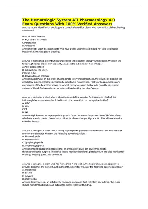 The Hematologic System Ati Pharmacology 40 Exam Questions With 100