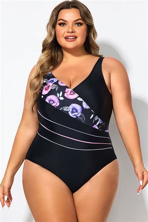 Traje de Baño de Una Pieza Negro con Floral Estampado para Mujer Meet Curve Meet Curve