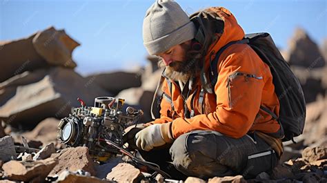 Premium Ai Image A Geologist Arranging Equipment For A Field Survey