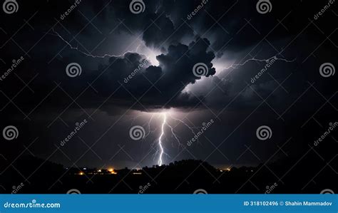 Lightning Strike On The Dark Cloudy Sky Night Thunder Storm Stock