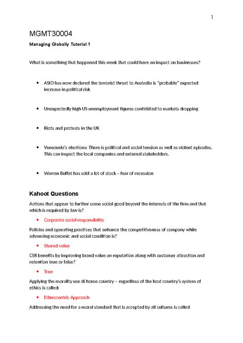 Tutorial 1 Notes 1 MGMT Managing Globally Tutorial 1 What Is