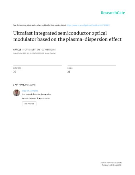 Pdf Ultrafast Integrated Semiconductor Optical Modulator Based On The Plasma Dispersion Effect