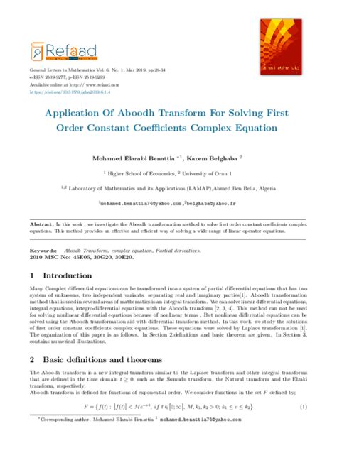 Pdf Application Of Aboodh Transform For Solving First Order Constant