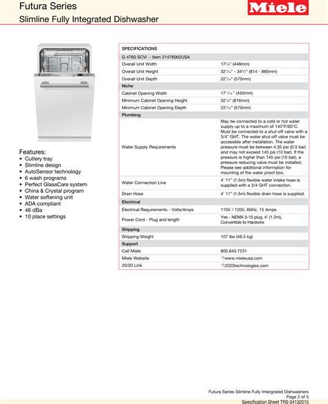 Miele G 4760 Scvi Futura Dimension Slimline Specification Sheet