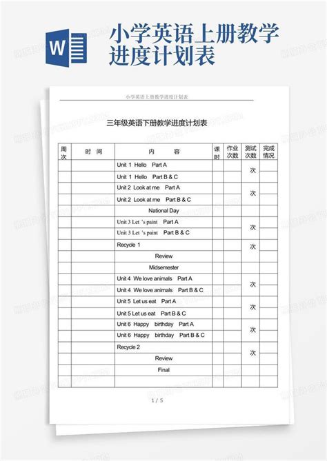小学英语上册教学进度计划表 Word模板下载 编号lxwwxbwd 熊猫办公