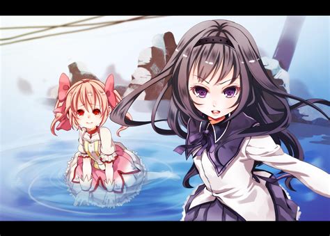 2girls Akemihomura Blackhair Crying Kanamemadoka Mahoushoujomadokamagica Pinkhair Purple