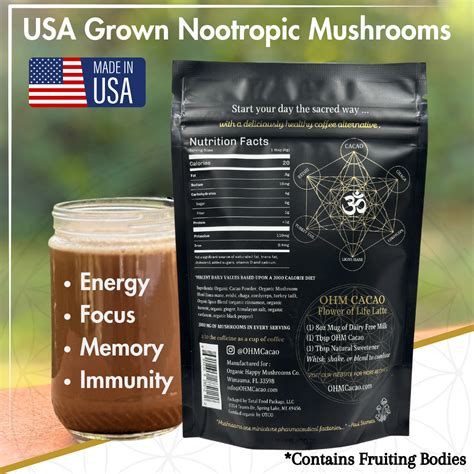 Ohm Mushroom Cacao Powder Coffee Substitute 5 Servings 4oz 113g