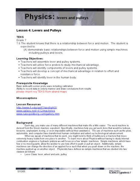 Levers And Pulleys Lesson Plan For 7th 10th Grade Lesson Planet