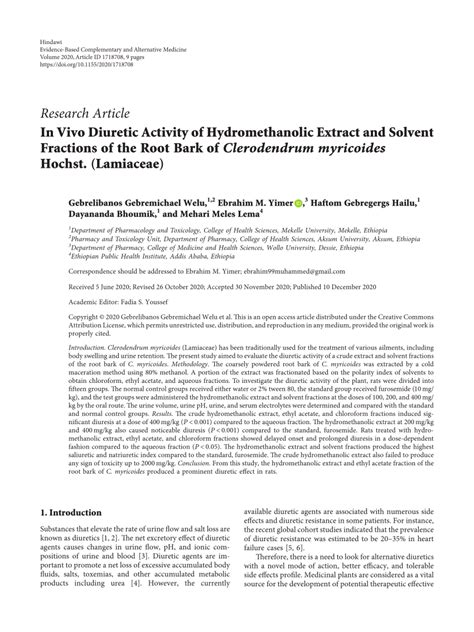 Pdf In Vivo Diuretic Activity Of Hydromethanolic Extract And Solvent Fractions Of The Root