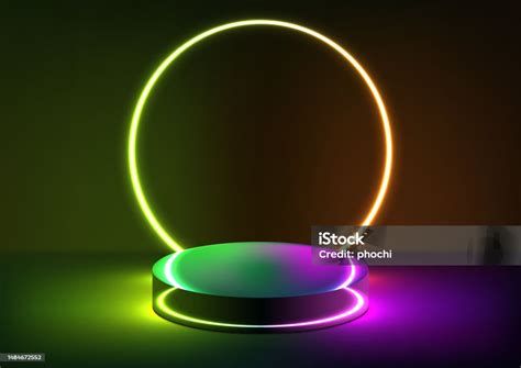 3d 사실적인 기술 디지털 사이버펑크 연단 디스플레이 네온 조명은 진한 파란색 배경에 조명 효과가 있는 빛나는 네온 색상 선 원형 배경입니다 테크놀로지에 대한 스톡 벡터