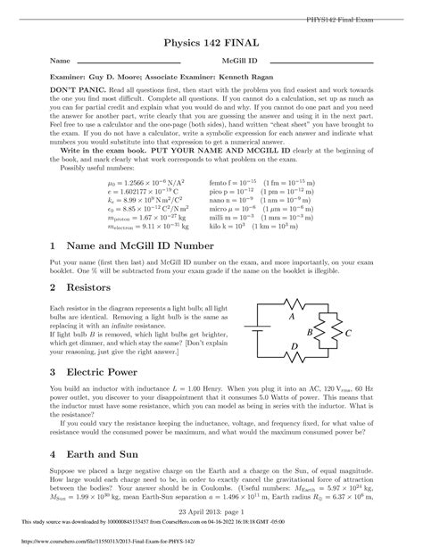 Phys 142 2013 Final Exam Phys142 Final Exam Physics 142 Final Name