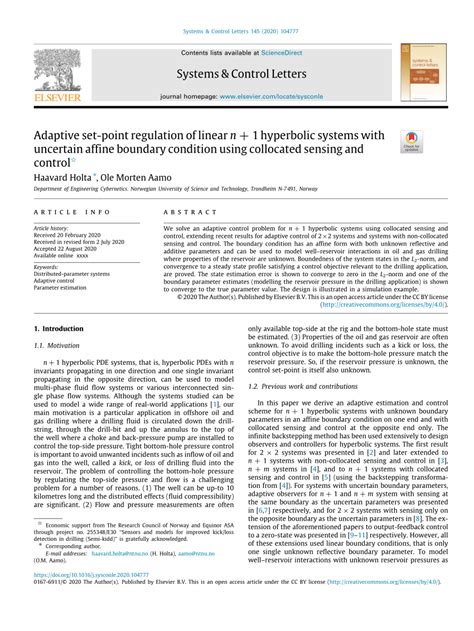 Pdf Adaptive Set Point Regulation Of Linear N 1 Hyperbolic Systems With Uncertain Affine