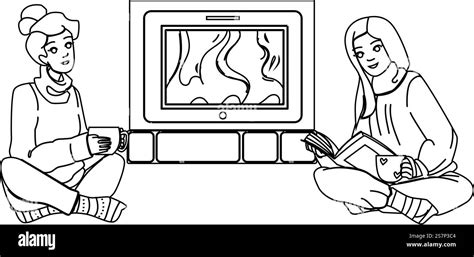 Fire Fireplace Woman Vector Drink Hot Warm Indoors Cozy Relax Fire