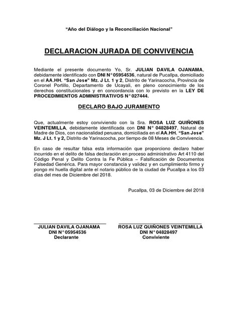 Declaracion Jurada De Convivencia