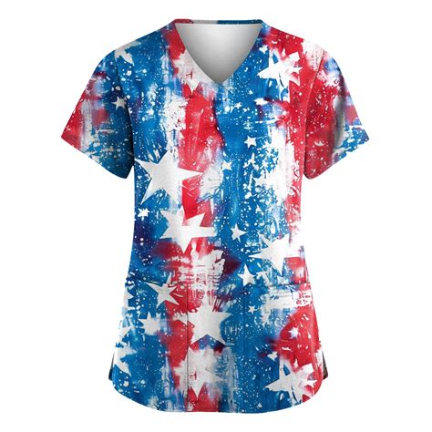 Qcmgmg Independence Day Scrub Tops Womens V Neck Stars Striped Scrub
