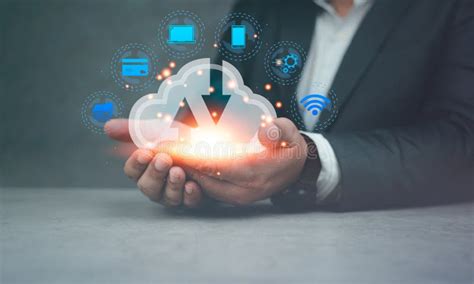 Man Showing Virtual Screen With Cloud Computing Diagram Digital Technology Network Service