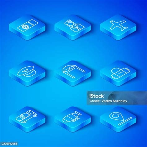 세트 라인 연료 유조 트럭 고글이 달린 비행사 모자 비행선 여행 가방 비행기 조종사 항공권 및 위치 아이콘 벡터 3차원 형태에 대한 스톡 벡터 아트 및 기타 이미지 Istock