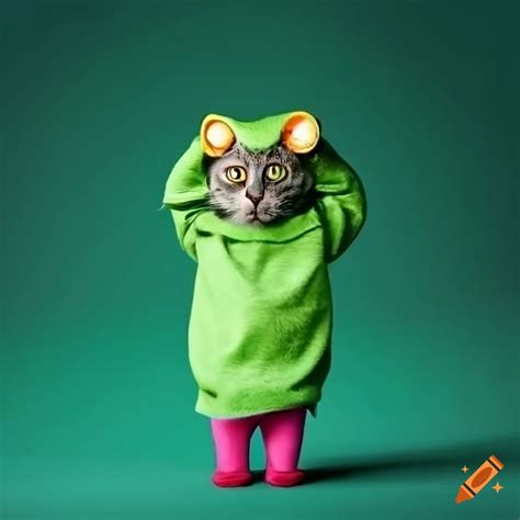 Funny Cat Wearing A Frog Hoodie And Green Shoes On Craiyon