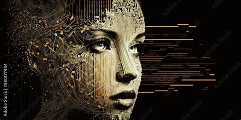 abstract representation of womans face made up of binary code and