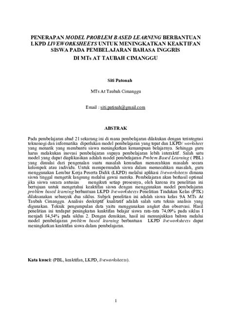 Doc Penerapan Model Problem Based Learning Berbantuan Lkpd Liveworksheets Untuk Meningkatkan