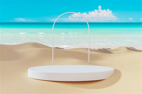 푸른 하늘과 흰 구름 추상적인 배경이 있는 해변에서 제품 디스플레이 프레젠테이션을 위한 복사 공간이 있는 3d 연단 열대 여름과 휴가 개념 그래픽 렌더링 일러스트레이션