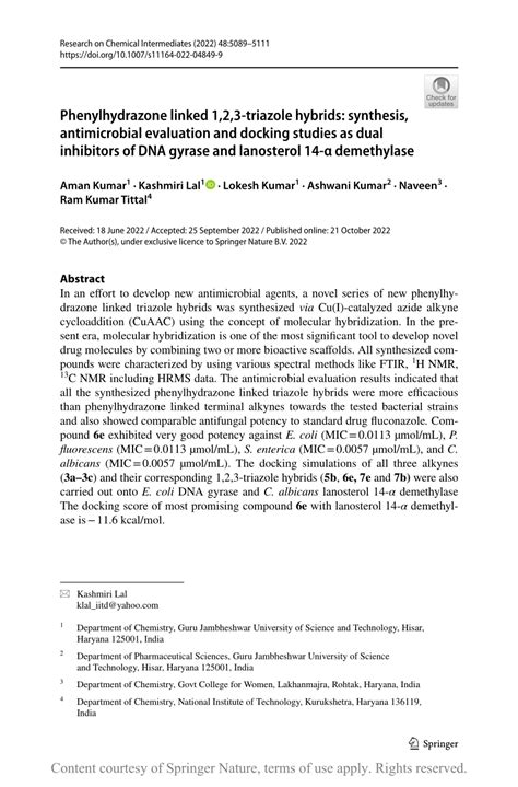 Phenylhydrazone Linked 123 Triazole Hybrids Synthesis Antimicrobial