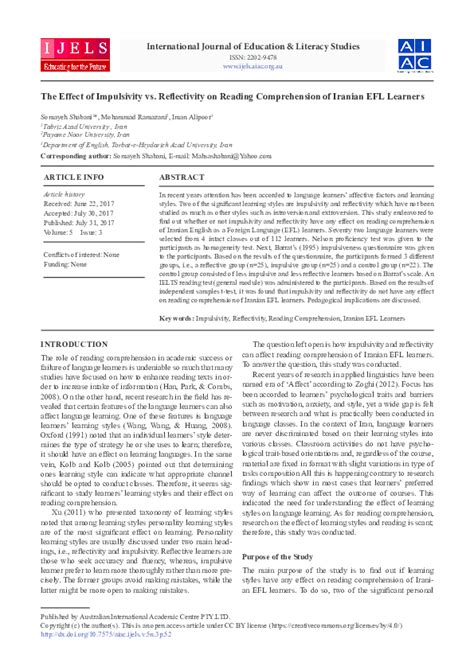 Pdf The Effect Of Impulsivity Vs Reflectivity On Reading Comprehension Of Iranian Efl Learners