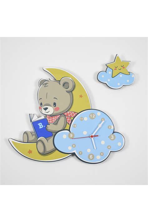 elfidadesign Sevimli Ay Ve Ayıcık Çocuk Odası Ahşap Duvar Saati