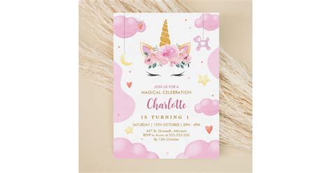 Cute Gold Glitter Pink Floral Unicorn Birthday Invitation Zazzle