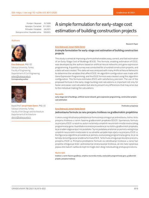 A Simple Formulation For Early Stage Cost Estimation Of Building Construction Projects Pdf