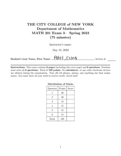 Exam 3 Math 201 Exam 3 For Calculus 1 The City College Of New York