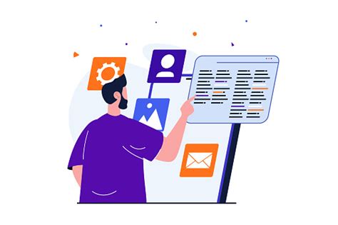 웹 배너 디자인을위한 응용 프로그램 개발 현대 평면 개념 남성 개발자는 인터페이스의 그래픽 요소를 배치합니다 격리된 사람 장면의
