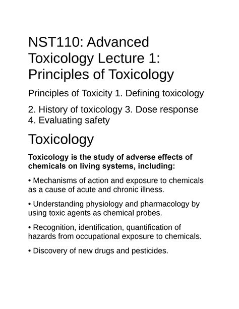 Tox Notes And Study Guide NST Advanced Toxicology Lecture Principles Of Toxicology