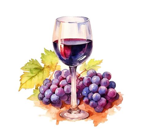 Ilustración acuarela vaso de uvas de vino tinto hojas aisladas sobre