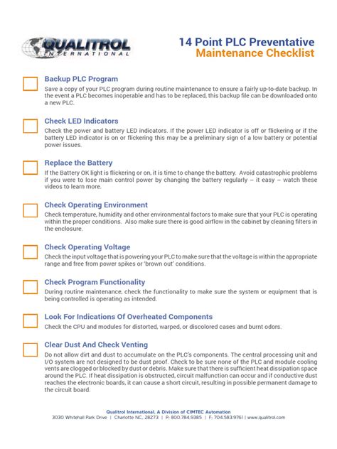 Qualitrol 14 Point Plc Preventative Maintenance Checklist Pdf Electricity Electrical