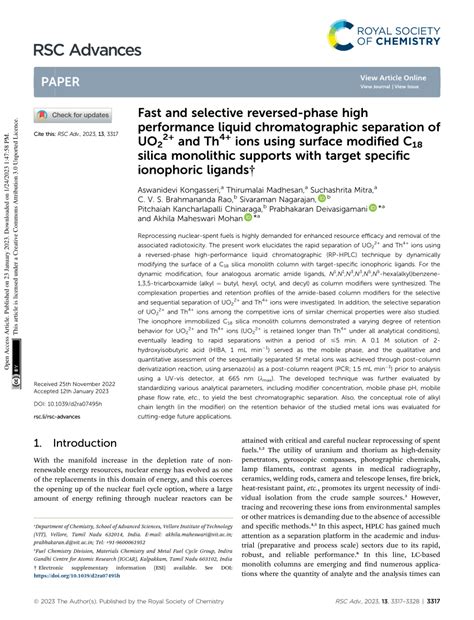 Pdf Fast And Selective Reversed Phase High Performance Liquid Chromatographic Separation Of Uo