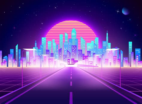 Highway To Cyberpunk Futuristic Town Neon Retro City Landscape Sci Fi Background Abstract