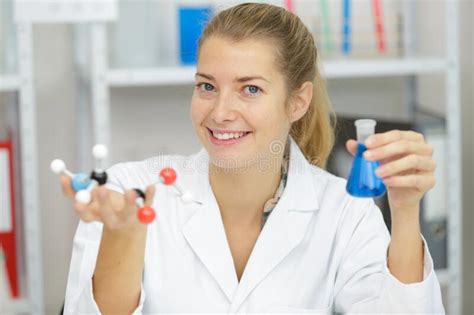 Woman Happy Showing Flask Stock Image Image Of Experiment 256659041