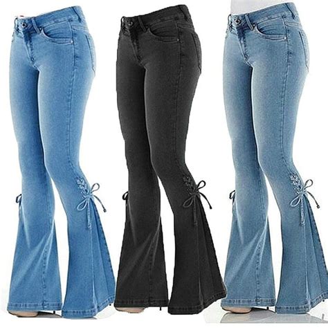 Women Vintage Mid Waist Elastic Flare Jeans Retro Style Bell Bottom
